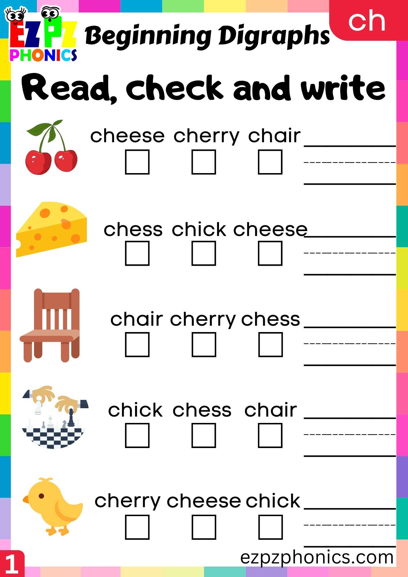 Group2 CH Words Read, Check And Write Consonant Digraphs Phonics Beginning Worksheet ...